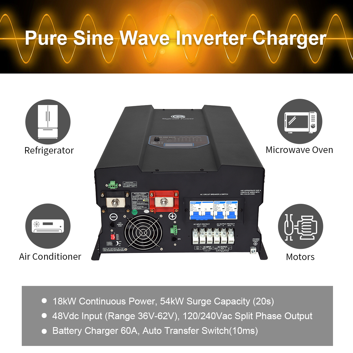 Power Inverter Charger Pure Sine 48Vdc 18000W 120/240V